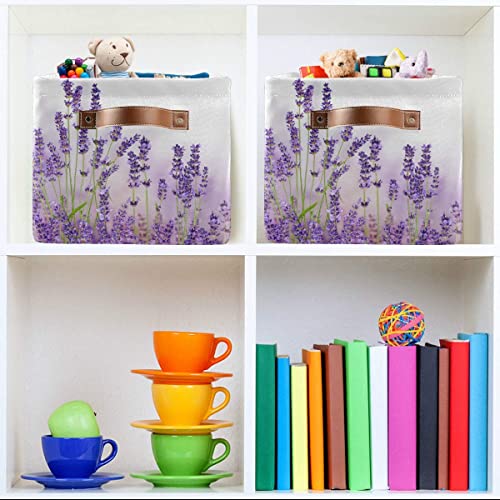 KEEPREAL Lavender Flowers Storage Basket Bin, Large Cube Storage Box Canvas Collapsible Storage Organizer for Home Office Closet - 15 L x 11 W x 9.5 H