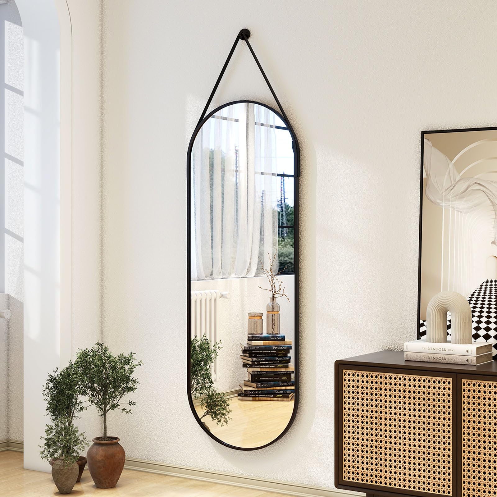 XRAMFY 16''x48'' Full Length Mirror with Hanging Leather Cord,Modern Aluminum Frame Full Body Hanging Mirror for Bathroom Vanity Living Room Bedroom Entrance