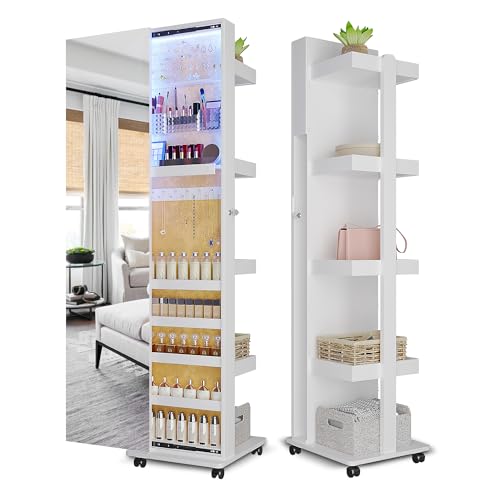 Lvifur 360° Rotating 63'' LED Jewelry Armoire,Full Length Mirror Large Capacity Floor Standing 3 Color Dimmable Jewelry Organizer Armoire with 4 Rollers,Rear Storage Shelves
