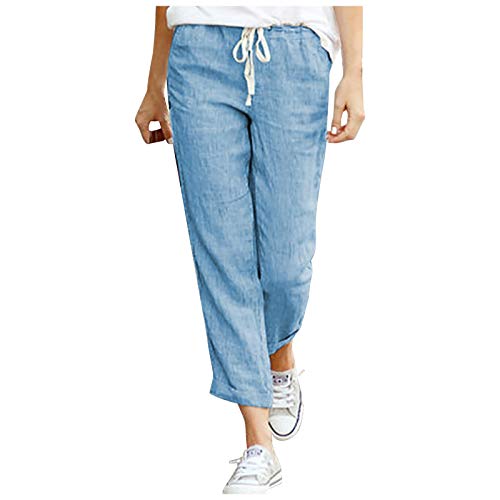gauplo Womens Linen Capri Pants Casual Drawstring Slim Fit Elastic Waist Cropped Pants Lounge Comfy Trouser with Pocket fold Over Yoga Pants for Women Wide Legged Pants Wide Leg Pants Women Blue