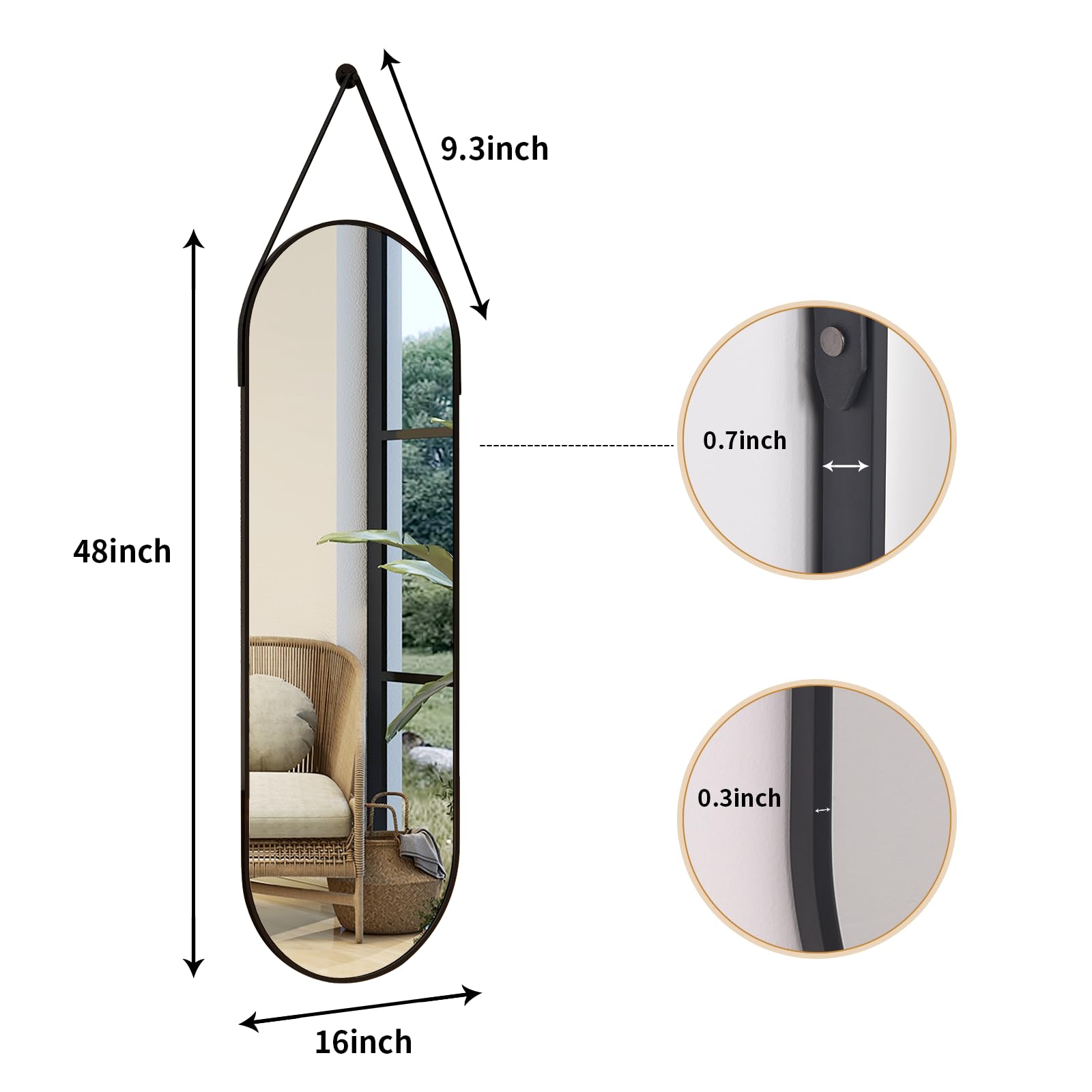 XRAMFY 16''x48'' Full Length Mirror with Hanging Leather Cord,Modern Aluminum Frame Full Body Hanging Mirror for Bathroom Vanity Living Room Bedroom Entrance
