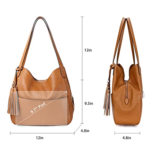 S-ZONE Women Shoulder Bag Leather Hobo Purse Medium Handbag Multi-pocket Tote with Tassel