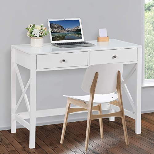 Usinso White Writing Computer Desk with Drawers,Small Modern Table for Bedrooms,White Vanity Table,Office Desk with Drawers(White)