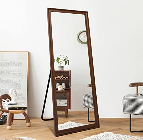 TheiaMo Full Length Mirror Wood Frame, 65×22in Floor Mirror Full Body Mirror with Standing Holder Hanging Wall Mirror, Stand Large HD Mirror, Dressing Mirror for Bedroom/Living Room, Walnut