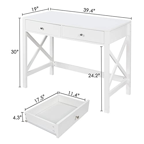 Usinso White Writing Computer Desk with Drawers,Small Modern Table for Bedrooms,White Vanity Table,Office Desk with Drawers(White)