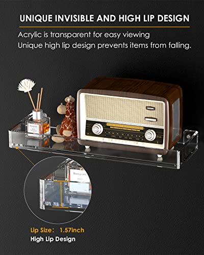 MaxGear Acrylic Shelves Clear Floating Shelves for Wall, Heavy Duty Acrylic Clear Display Shelves with Edge, 5mm Extra Thicker Hanging Shelves Floating Bookshelves for Bathroom, Bedroom, Kitchen