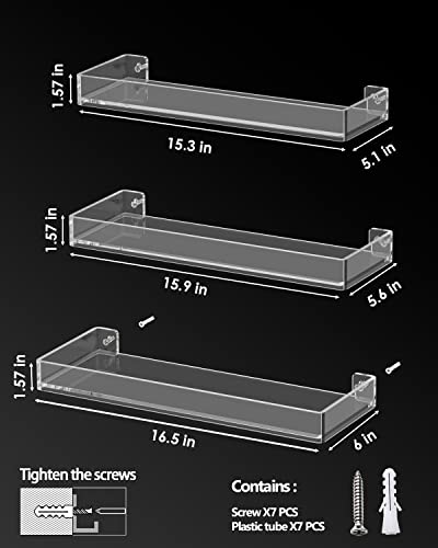 MaxGear Acrylic Shelves Clear Floating Shelves for Wall, Heavy Duty Acrylic Clear Display Shelves with Edge, 5mm Extra Thicker Hanging Shelves Floating Bookshelves for Bathroom, Bedroom, Kitchen