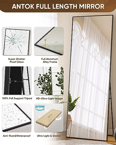 Antok Full Length Mirror, 66"x23" Floor Standing Full Body Mirror with Stand for Bedroom & Living Room, Black