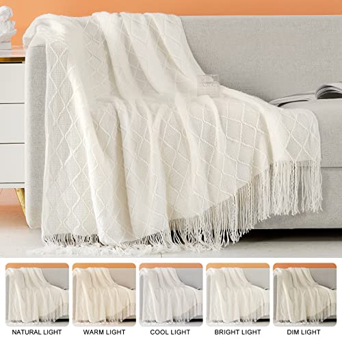 Touchat Knitted Throw Blankets for Couch, Sofa and Bed, Lightweight Soft Knit Blanket with Tassel, Decorative Cozy Farmhouse Throw Blankets for Women and Man 50"x60", Cream Off White