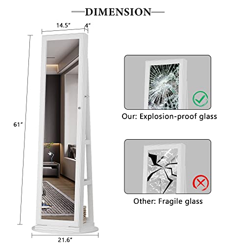OUTDOOR DOIT 360° Rotating 67'' Jewelry Armoire with 6 LEDS, Full Length Mirror Large Capacity Jewelry Organizer Armoire, Lockable Floor Standing Mirror with Back Storage Shelves