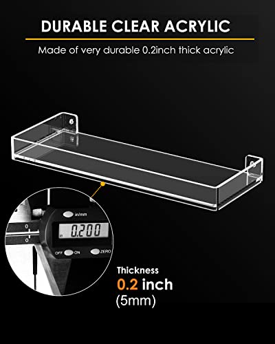 MaxGear Acrylic Shelves Clear Floating Shelves for Wall, Heavy Duty Acrylic Clear Display Shelves with Edge, 5mm Extra Thicker Hanging Shelves Floating Bookshelves for Bathroom, Bedroom, Kitchen