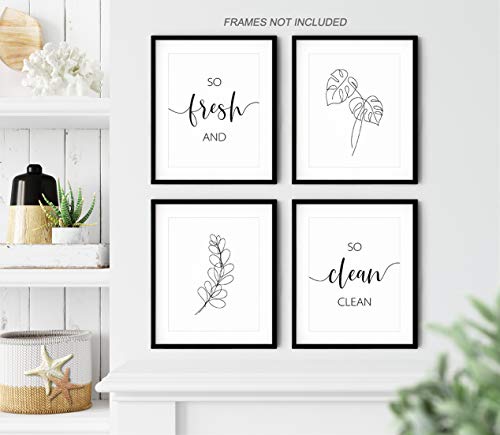 XWELLDAN Modern Bathroom Quotes So Fresh And So Clean Clean Minimalist Leaves Line Wall Art Poster Prints, Boho Plant Bathroom Wall Art Decor, 8 x 10 Inch Set of 4 Prints, Unframed