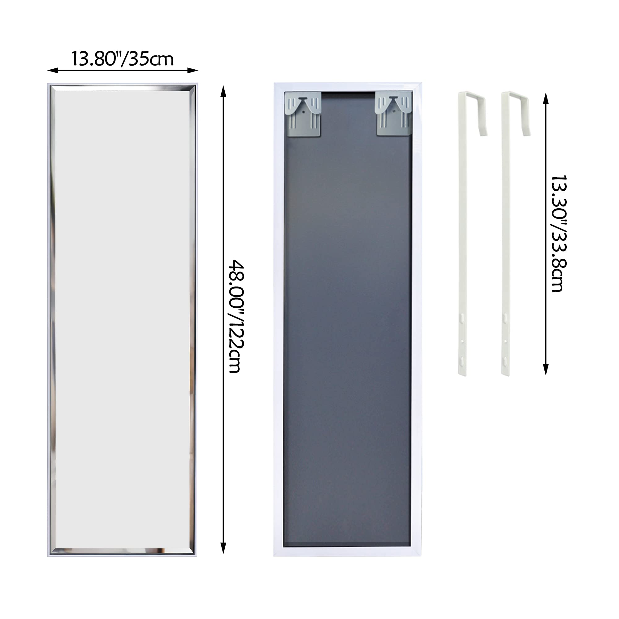 PETAFLOP 14x48 Inch Full Length Mirror Wall Mounted or Over The Door Hanging, Large Body Mirror with Rectangular Framed for Bedroom Bathroom Living Room Decor, White