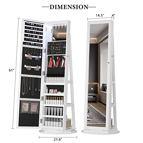 OUTDOOR DOIT 360° Rotating 67'' Jewelry Armoire with 6 LEDS, Full Length Mirror Large Capacity Jewelry Organizer Armoire, Lockable Floor Standing Mirror with Back Storage Shelves