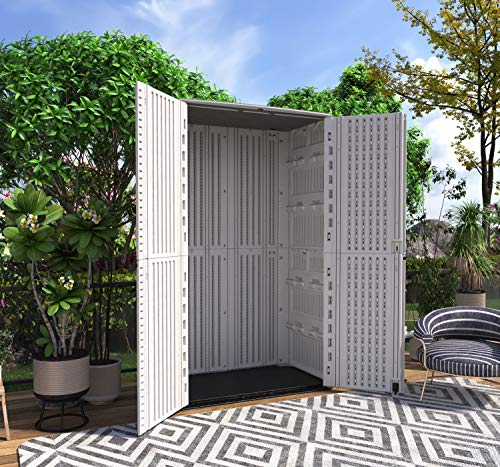 HOMSPARK Vertical Storage Shed Weather Resistance, Double-layer Outdoor Storage Cabinet Multi-purpose for Backyards and Patios Accessories, (50 in. L x 29 in. W x 82 in. H, 52 Cubic Feet, Cream White)