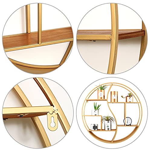 GLCS GLAUCUS Floating Shelves Wall Mounted,Rustic Decor Wood Wall Shelf Round Metal Wall Mount Display Organizer Holder for Home Decor,Gold