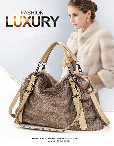 QTMY Brown Faux Fur Tote Crossbody Bag Purse Handbag for Women