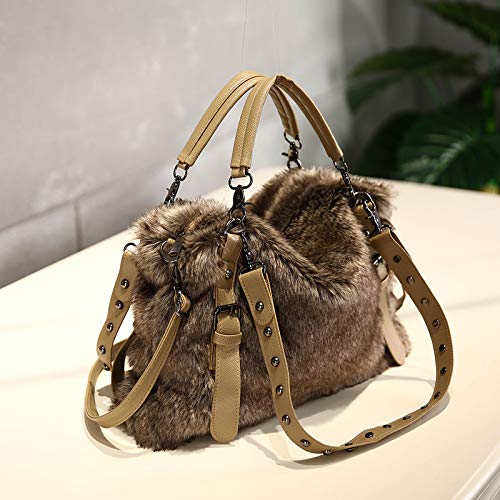 QTMY Brown Faux Fur Tote Crossbody Bag Purse Handbag for Women