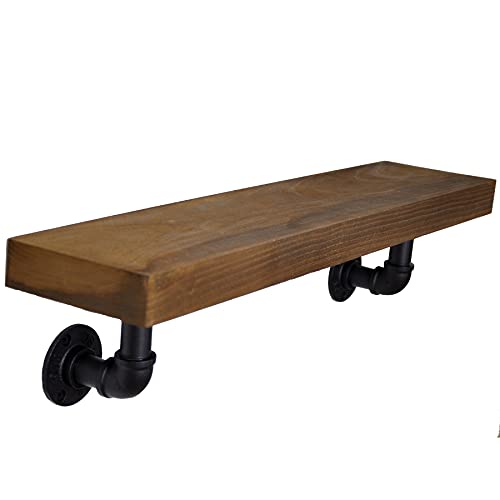 Industrial Pipe Shelf (24" x 6" Walnut), Rustic Farmhouse Wall Shelving, Vintage Black Iron Metal Pipe, Perfect Retro Bedroom Decor
