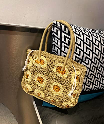 ZYYMMNN Casual Cotton Woven Bags Women Crochet Flower Handbag Hollow Tote Bags Hand-Woven Summer Hand Bag Vacation Straw Bag