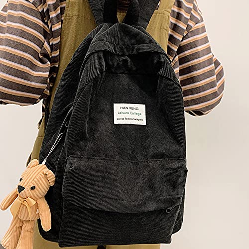 Hoce Corduroy Backpack Purse Rucksack Daypack with Anti-theft Back Pocket for Women Girls, Black