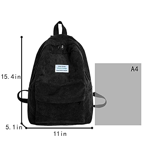 Hoce Corduroy Backpack Purse Rucksack Daypack with Anti-theft Back Pocket for Women Girls, Black