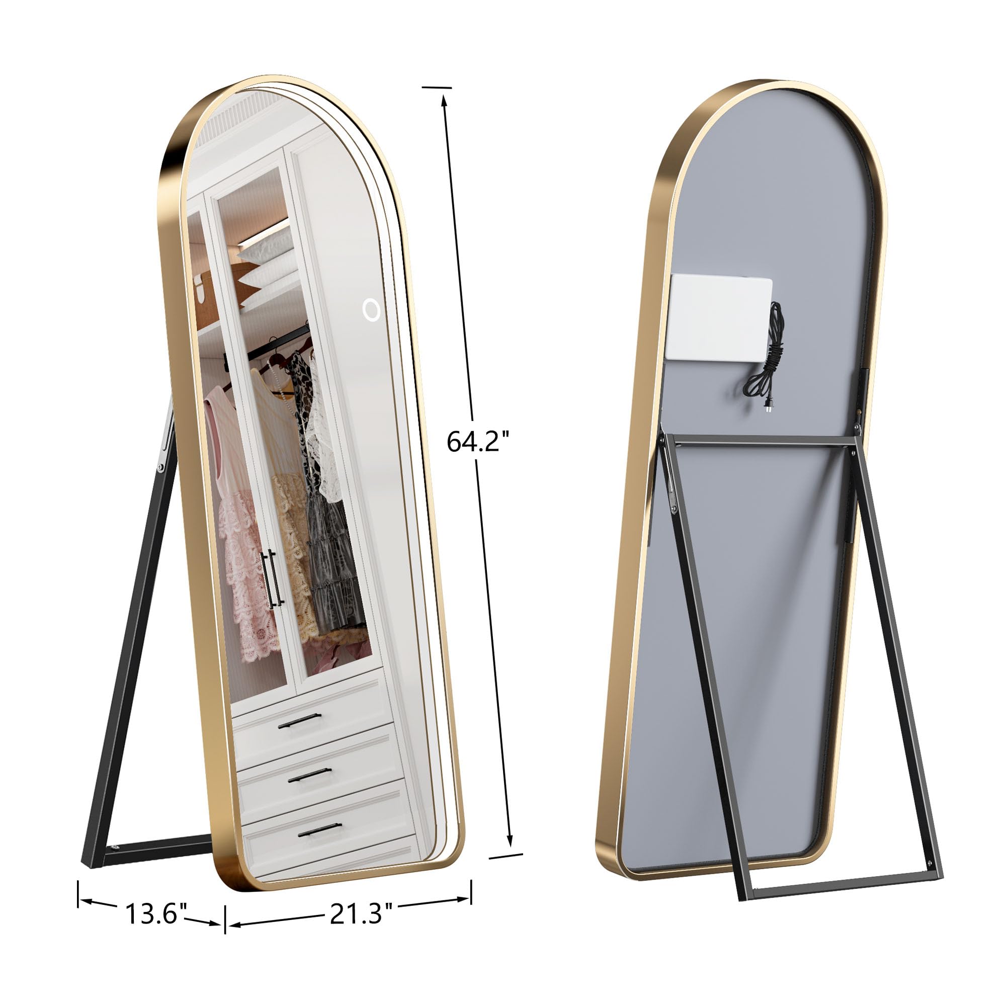 Wellynap 64"x21" LED Mirror Full Length Dressing Mirror, Arched Full Length with Stand, Gold Floor Mirror Freestanding, Modern Simple Home Decor for Bedroom Living Room (Gold)