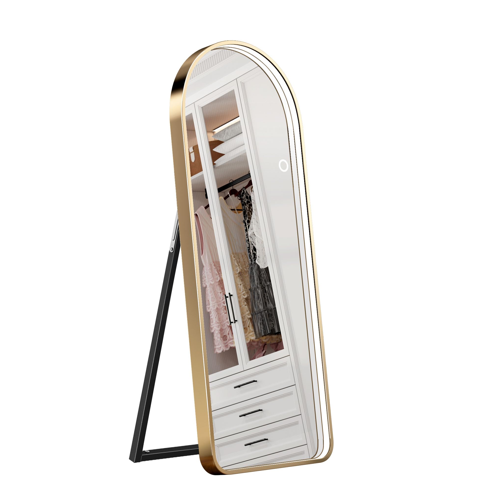Wellynap 64"x21" LED Mirror Full Length Dressing Mirror, Arched Full Length with Stand, Gold Floor Mirror Freestanding, Modern Simple Home Decor for Bedroom Living Room (Gold)