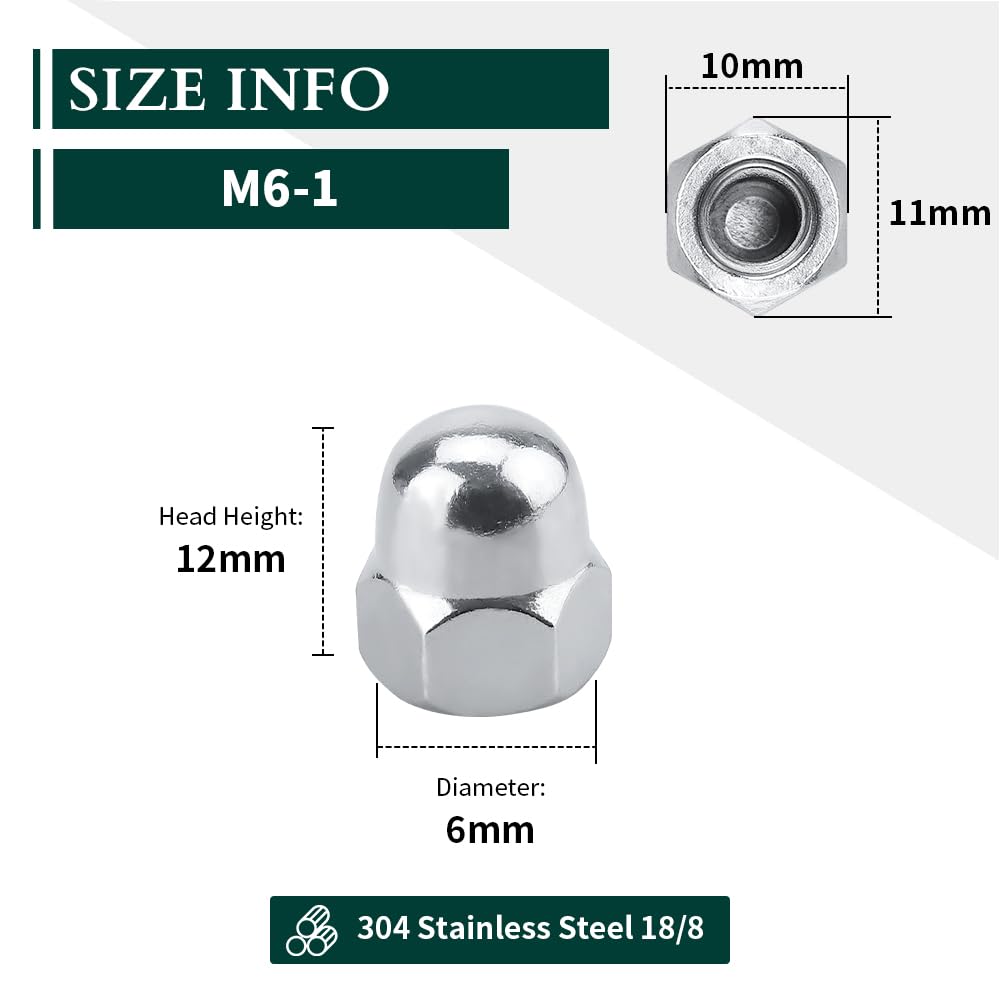 M6-1.0 (50 pcs) Acorn Hex Cap Nuts Metric Dome Head Nuts, 304 Stainless Steel 18-8, Plain Finish, DIN1587