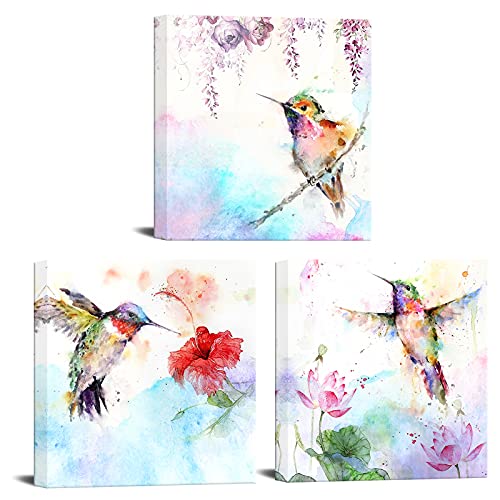 3Pcs Bird Canvas Wall Art Animal Picture Artwork Hummingbirds and Red Purple Flower Canvas Print Abstract Painting Vintage Wall Decor for Bedroom Office Home Farmhouse 12x12inchx3pcs