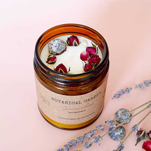 Organic Jasmine & Rose Scented Aromatherapy All-Natural Soy Candle | 100% Essential Oil | California Organic Dry Flower | Gift for Him or Her | Home Decor | Long Lasting - 9Oz. (Jasmine + Rose)