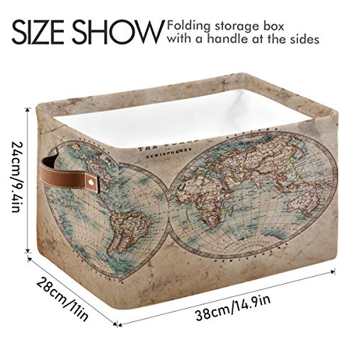 Nander Large Foldable Storage Bin Rectangle Waterproof Storage Basket Cube with PU Handles for Organizing Nursery Home Closet & Office - Old Stained World Map, 1 Pack