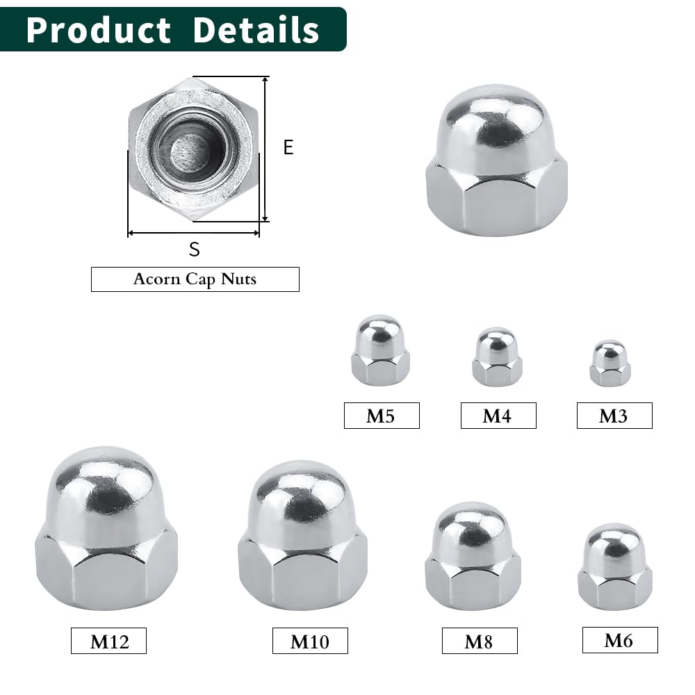 M6-1.0 (50 pcs) Acorn Hex Cap Nuts Metric Dome Head Nuts, 304 Stainless Steel 18-8, Plain Finish, DIN1587