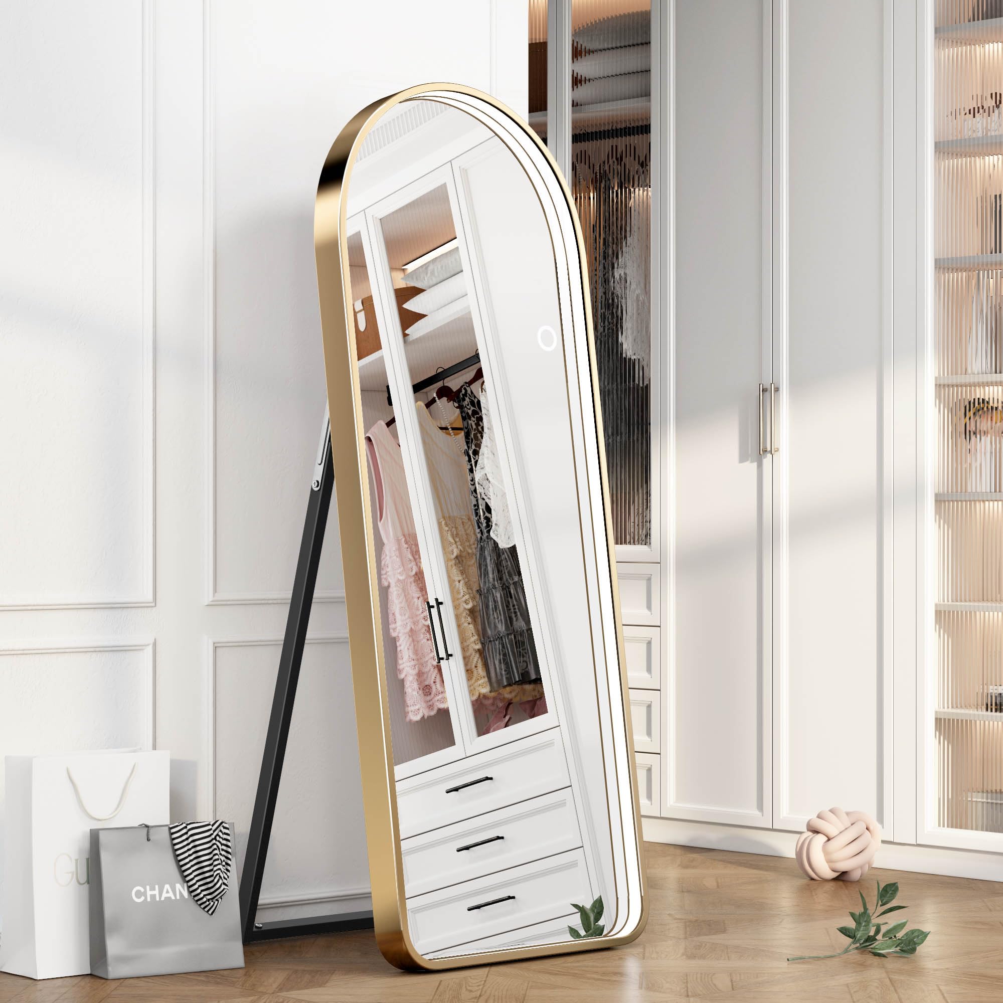 Wellynap 64"x21" LED Mirror Full Length Dressing Mirror, Arched Full Length with Stand, Gold Floor Mirror Freestanding, Modern Simple Home Decor for Bedroom Living Room (Gold)