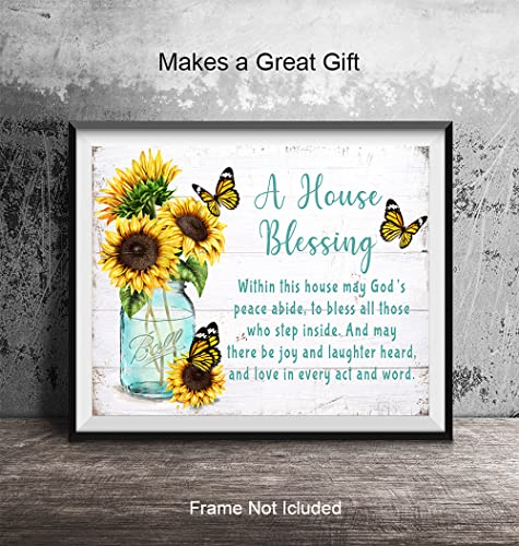 House Blessing - Religious Housewarming Gifts for Women - Christian Wall Art - Rustic Country Sunflower Butterfly Wall Decor - Blessed Wall Art - Inspirational Wall Decor - Bible Verses Wall Decor