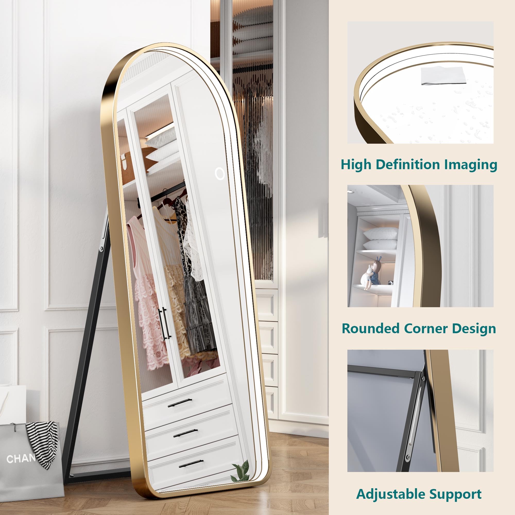 Wellynap 64"x21" LED Mirror Full Length Dressing Mirror, Arched Full Length with Stand, Gold Floor Mirror Freestanding, Modern Simple Home Decor for Bedroom Living Room (Gold)