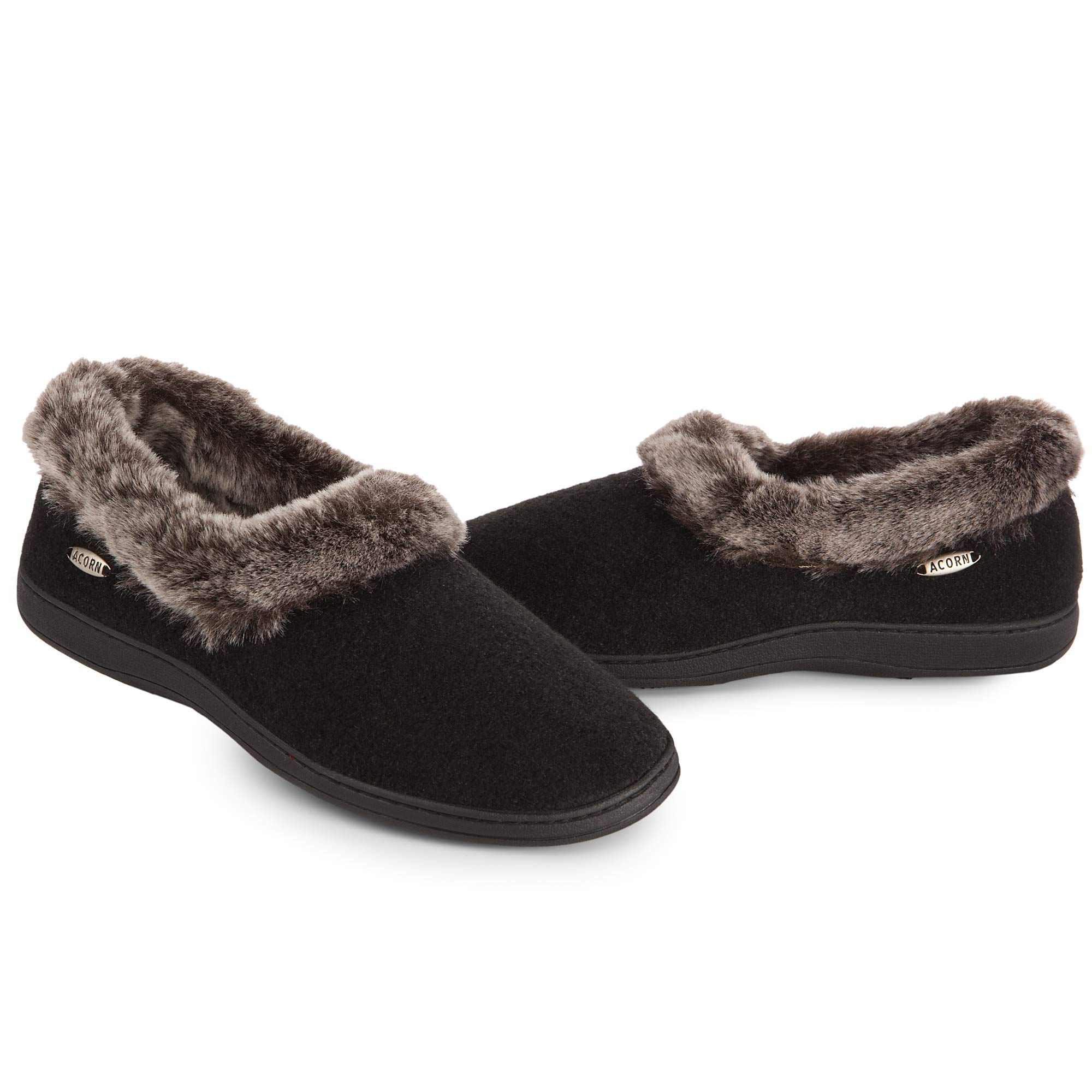 Acorn womens Chinchilla Collar slippers, Black, 8 9 US