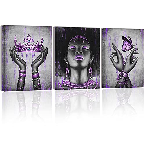 Kalormore Fashion African American Woman Painting Giclee Canvas Prints Elegant Black Girl with Purple Accessories Picture Poster Gallery Wrapped Artwork for Bedroom Makeup Room Decoration