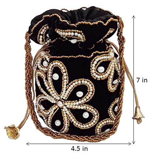 Purpledip Chenille Potli Bag (Clutch, Drawstring Purse): Intricate Bead Work Satchel Handbag, Black (12396A)