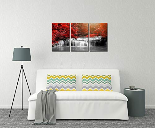 Visual Art Decor 3 Pieces Black White and Red Canvas Wall Art Red Forest Waterfall Poster Print Landscape Picture Framed Artwork for Office and Home Decor Ready to Hang 12x16inchx3pcs