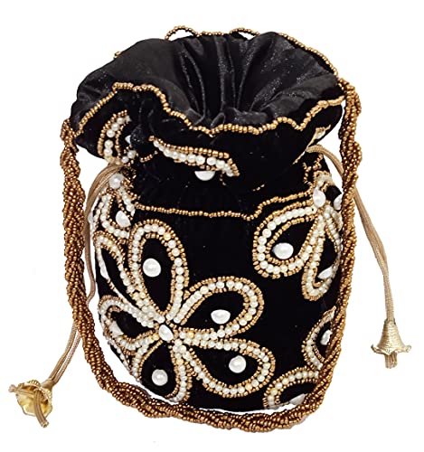Purpledip Chenille Potli Bag (Clutch, Drawstring Purse): Intricate Bead Work Satchel Handbag, Black (12396A)