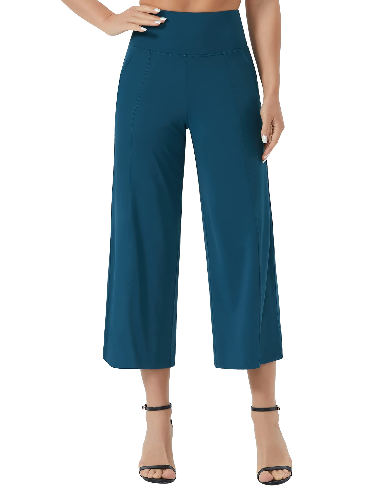 THE GYM PEOPLE Bootleg Yoga Capris Pants for Women Tummy Control High Waist Workout Flare Crop Pants with Pockets Dark Blue Green
