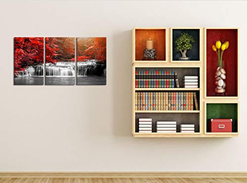 Visual Art Decor 3 Pieces Black White and Red Canvas Wall Art Red Forest Waterfall Poster Print Landscape Picture Framed Artwork for Office and Home Decor Ready to Hang 12x16inchx3pcs