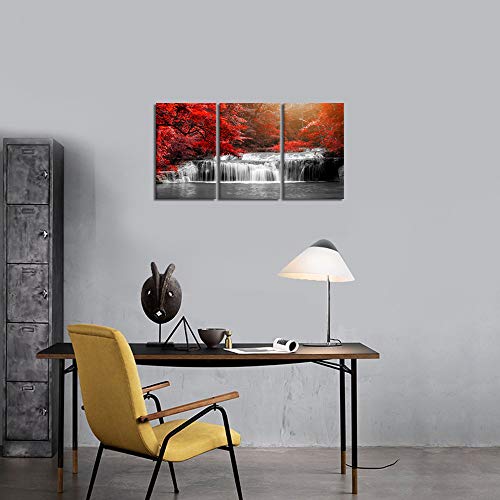 Visual Art Decor 3 Pieces Black White and Red Canvas Wall Art Red Forest Waterfall Poster Print Landscape Picture Framed Artwork for Office and Home Decor Ready to Hang 12x16inchx3pcs