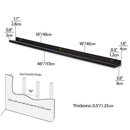 Wallniture Denver 46" Wall Shelves for Picture Frames, Floating Shelves for Wall, Picture Ledge Shelf, Set of 4, Black