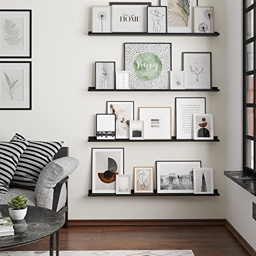 Wallniture Denver 46" Wall Shelves for Picture Frames, Floating Shelves for Wall, Picture Ledge Shelf, Set of 4, Black