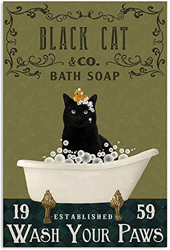Bathtub Cat Retro Metal Tin Sign, Black Cat Bath Soap Bubble Poster Vintage Toilet Cave Bar Home Bathroom Wall Decoration Sign 8X12 Inches