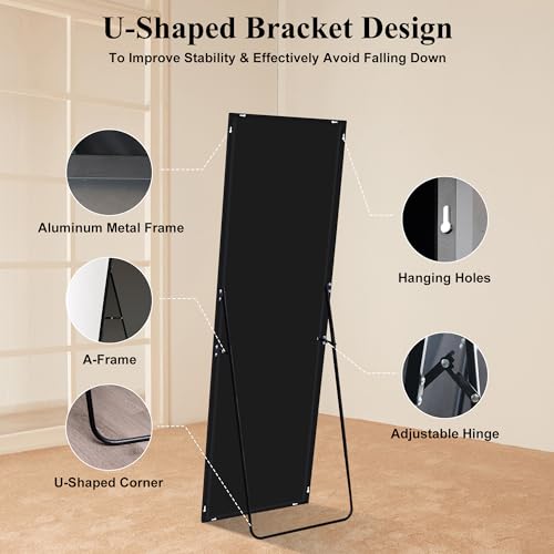 NISHCON Modern Black Full Length Mirror, 64"x21" Rectangular Floor Mirror with Stand, Wall-Mounted or Freestanding, Perfect for Living Room, Bedroom, Entryway