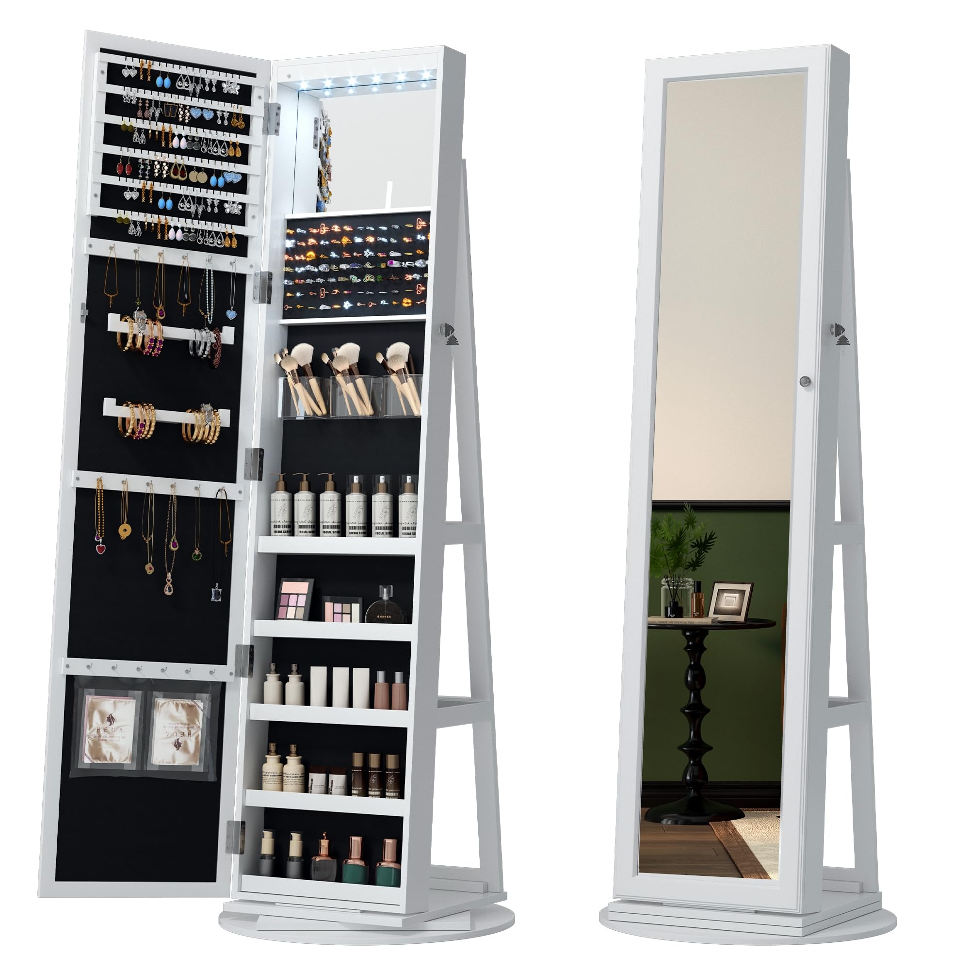 LVSOMT LED Mirror Jewelry Cabinet Standing, 360° Swivel Jewelry Organizers and Storage, Farmhouse Mirror with Jewelry Storage, Lighted Jewelry Armoire with Full Length Mirror (Pure White)