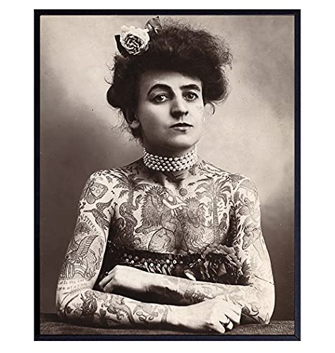 Vintage Circus Photos Wall Art & Decor - Funny Tattoo Woman - Tattoo Studio Decorations Poster Picture Prints - Tattoo Shop Decor - Inked Tattooed Lady Chic - Man Cave - Biker Bar - Garage